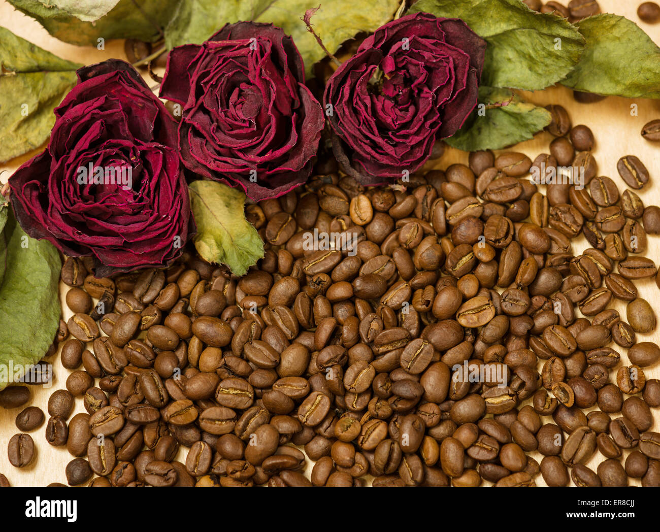 dry red roses on coffee seeds and wooden background Stock Photo - Alamy