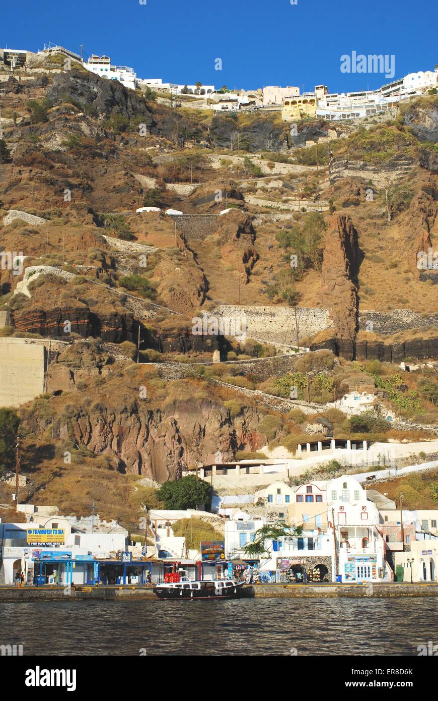 Zigzag footpath from Fira old port to Fira town at the top of the ...