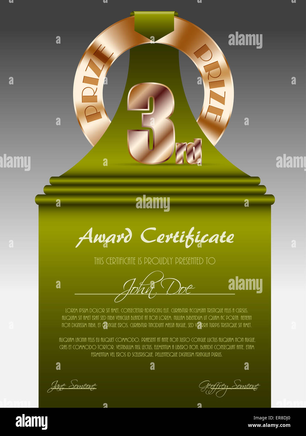 Third place bronze prize award certificate with green ribbon Stock ...