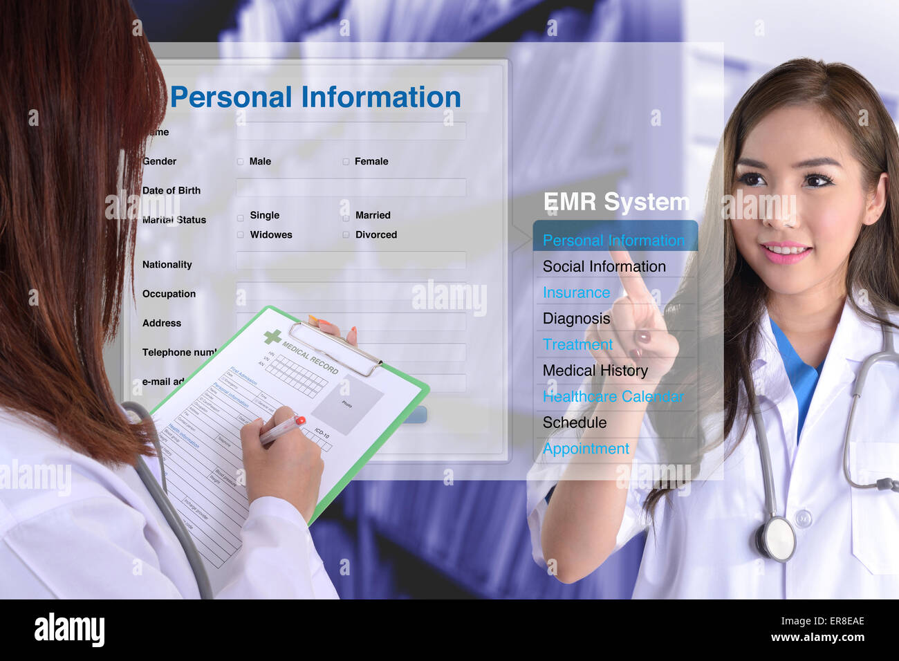 Female doctor show how to use electronic medical record while another ...