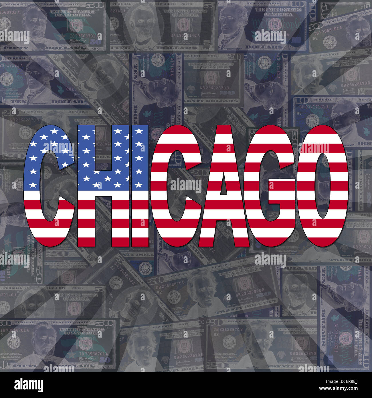 Chicago flag text on dollars sunburst illustration Stock Photo - Alamy
