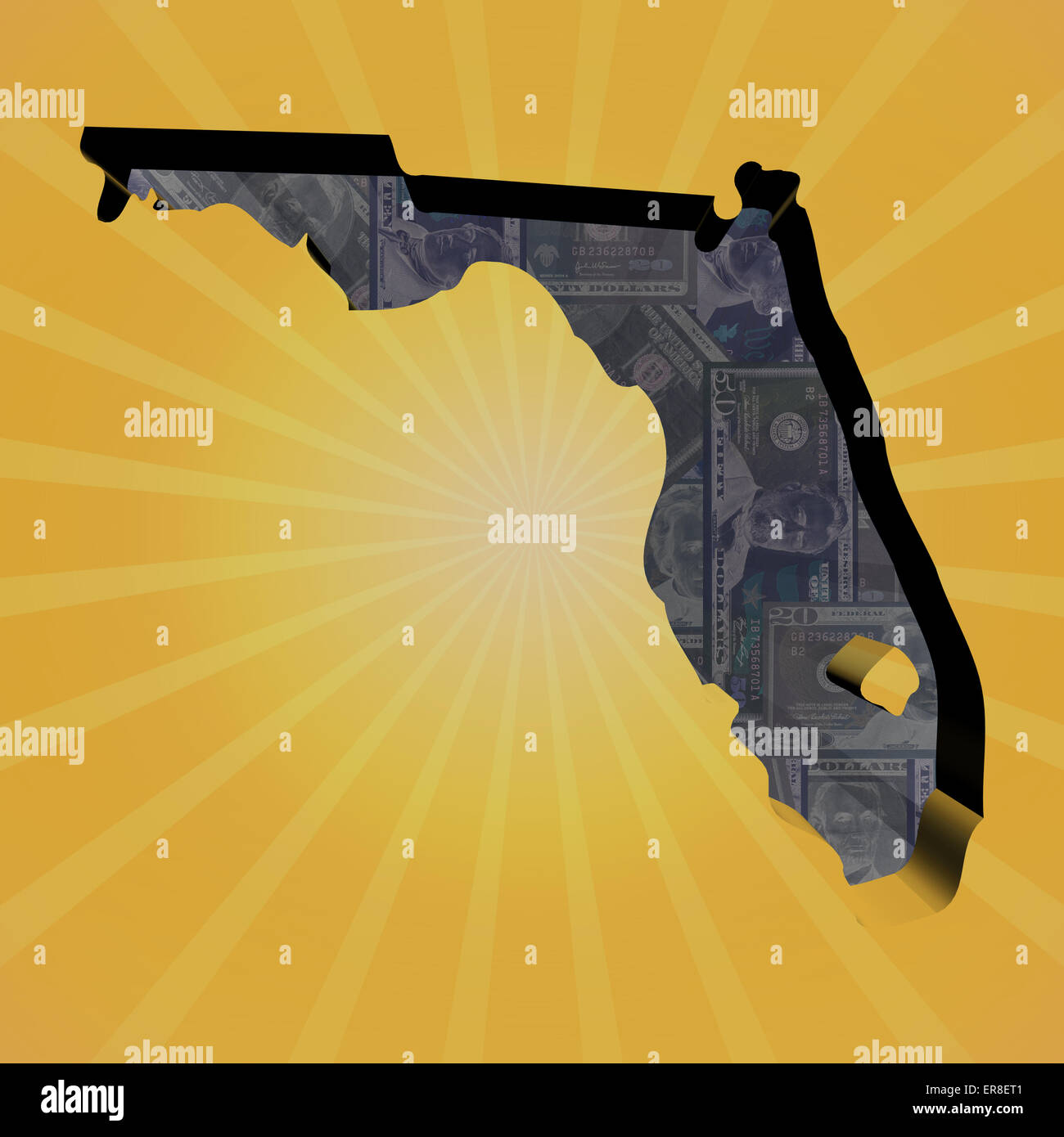 Florida map on dollars sunburst illustration Stock Photo - Alamy