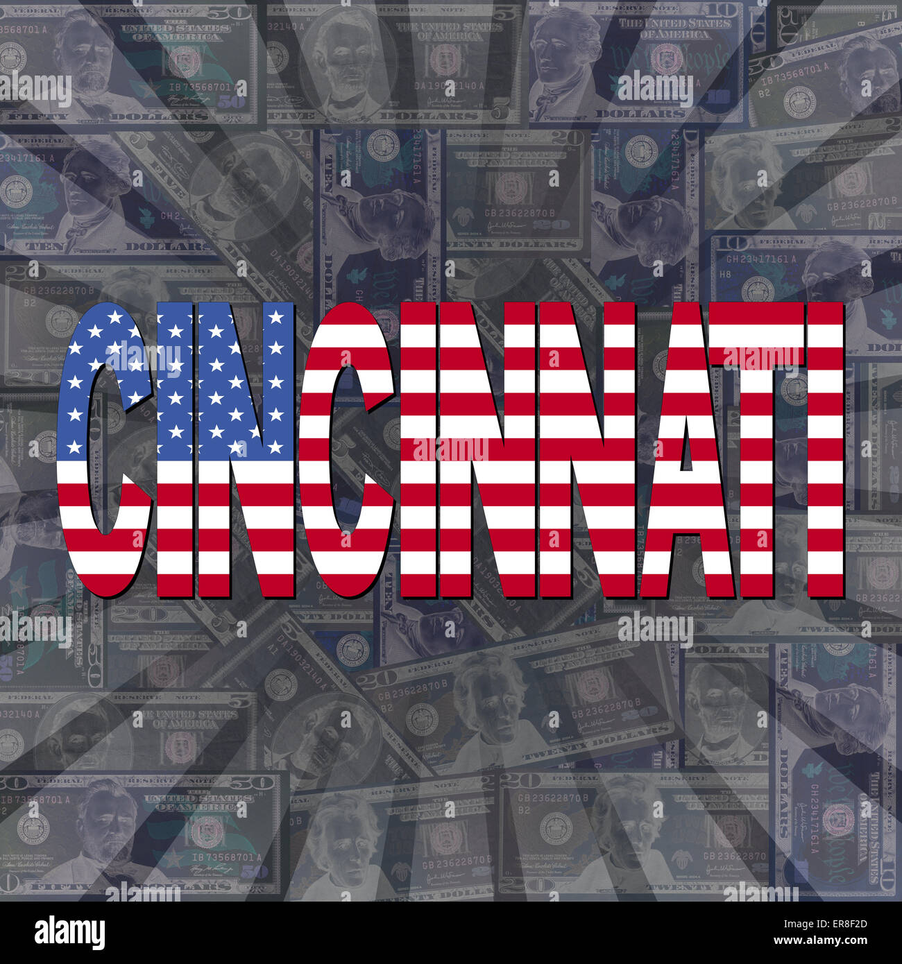 Cincinnati flag text on dollars sunburst illustration Stock Photo - Alamy