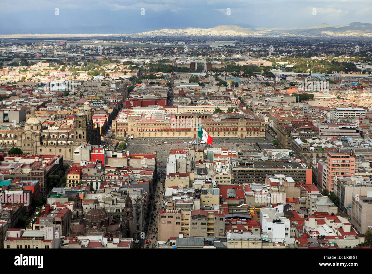 High angle view of Metropolitan Cathedral and National Palace at Zocalo ...