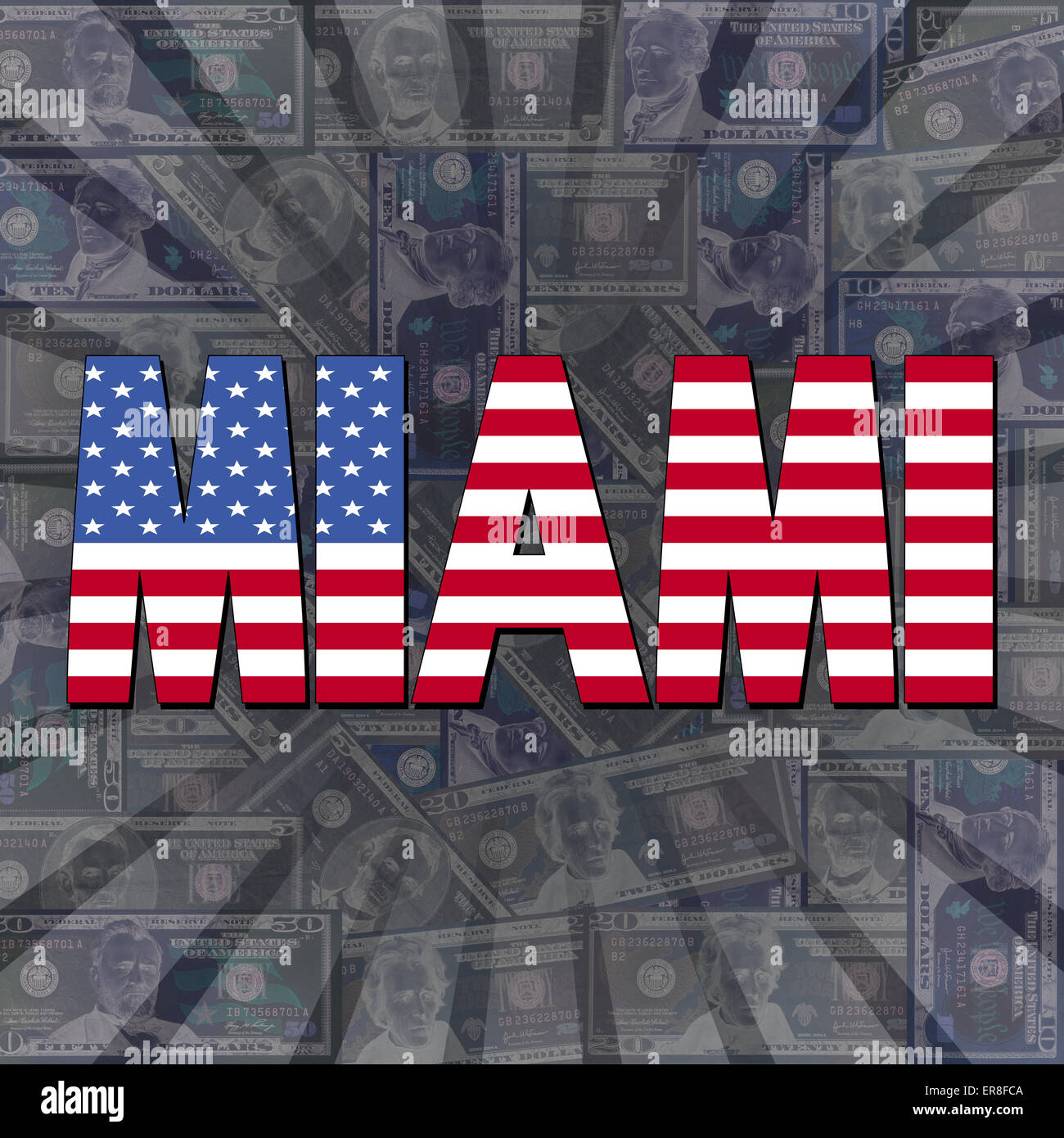 Miami flag text on dollars sunburst illustration Stock Photo - Alamy