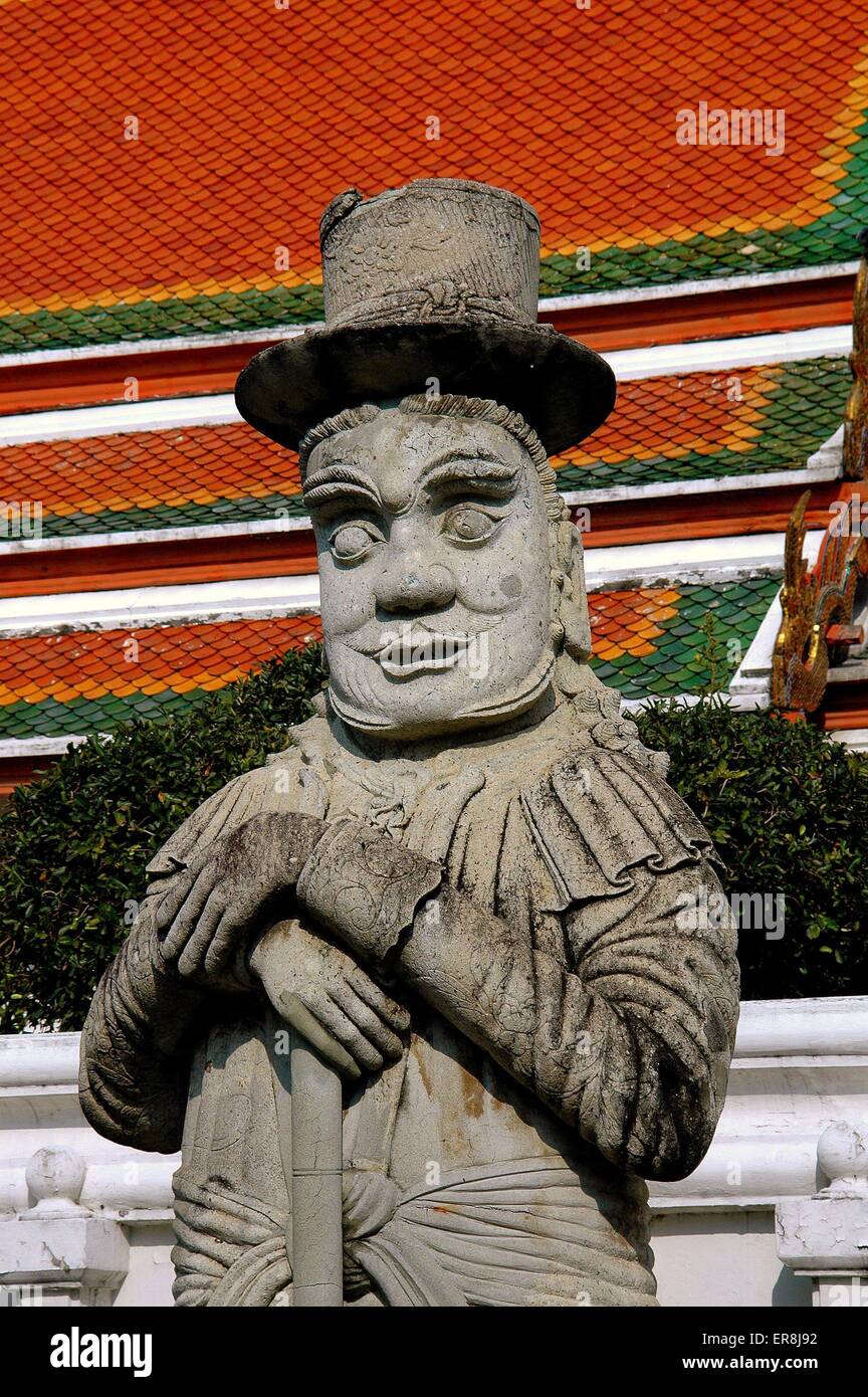 Bangkok, Thailand: Giant stone Marco Polo statue wearing a top hat in a ...