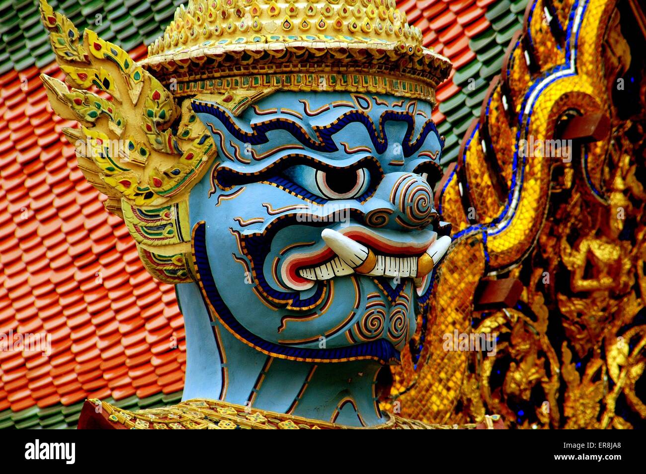 Bangkok, Thailand: Detail of the face of a giant blue Yak guardian ...