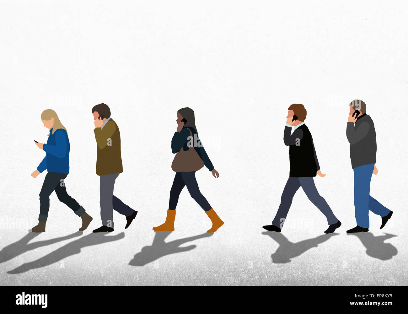 Illustration of people using mobile phones while walking on street ...