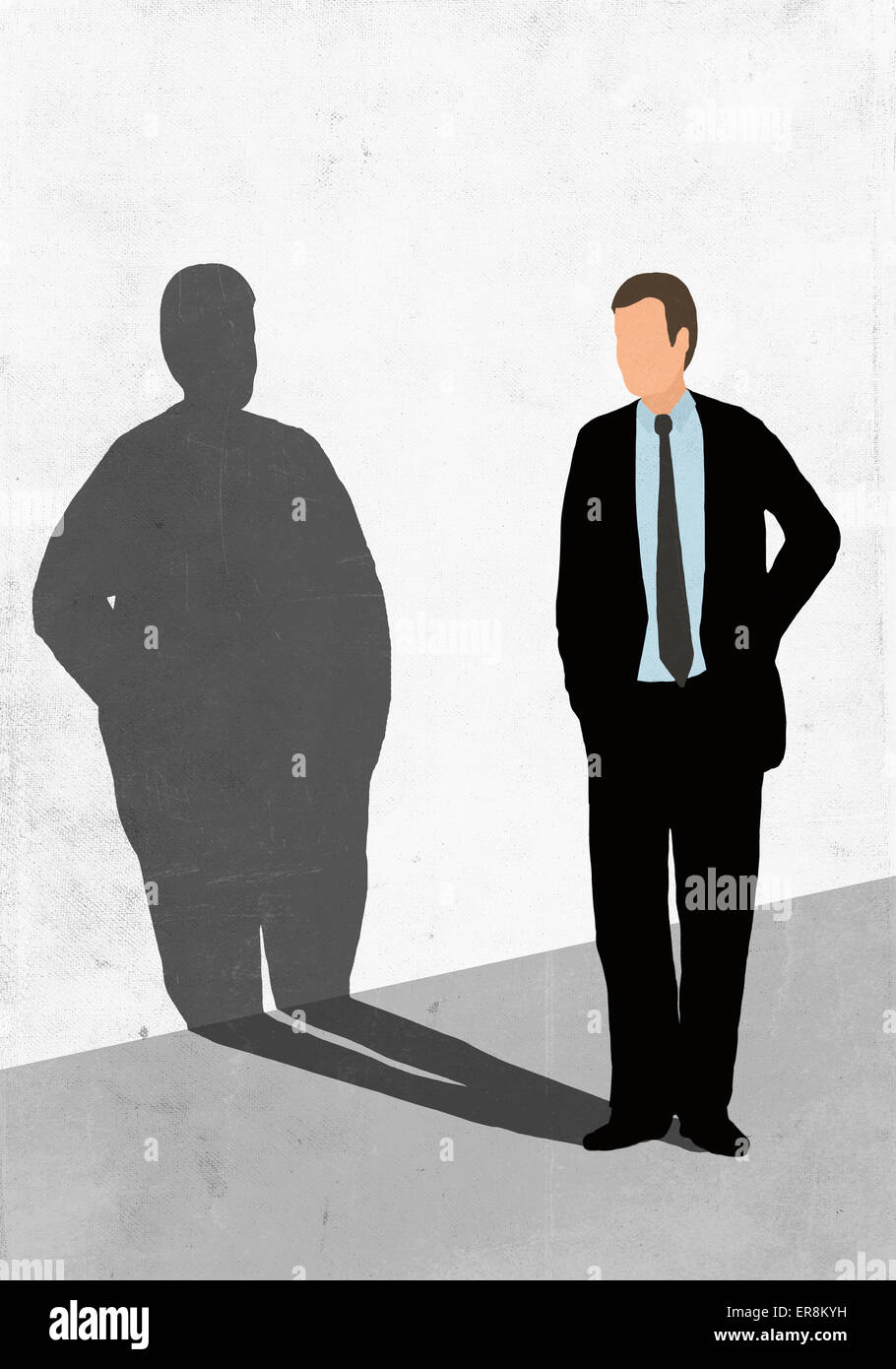 Illustration of businessman looking at his fat shadow on white wall ...