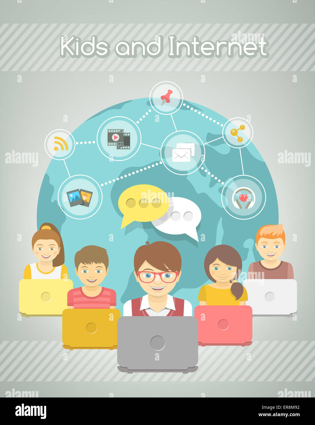 Modern flat vector conceptual illustration of kids with computers ...