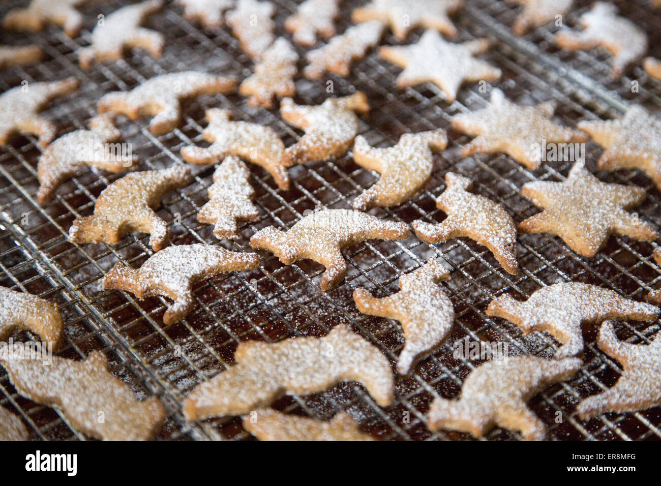 Cookies sprinkled with powdered sugar on cooling rack Stock Photo - Alamy
