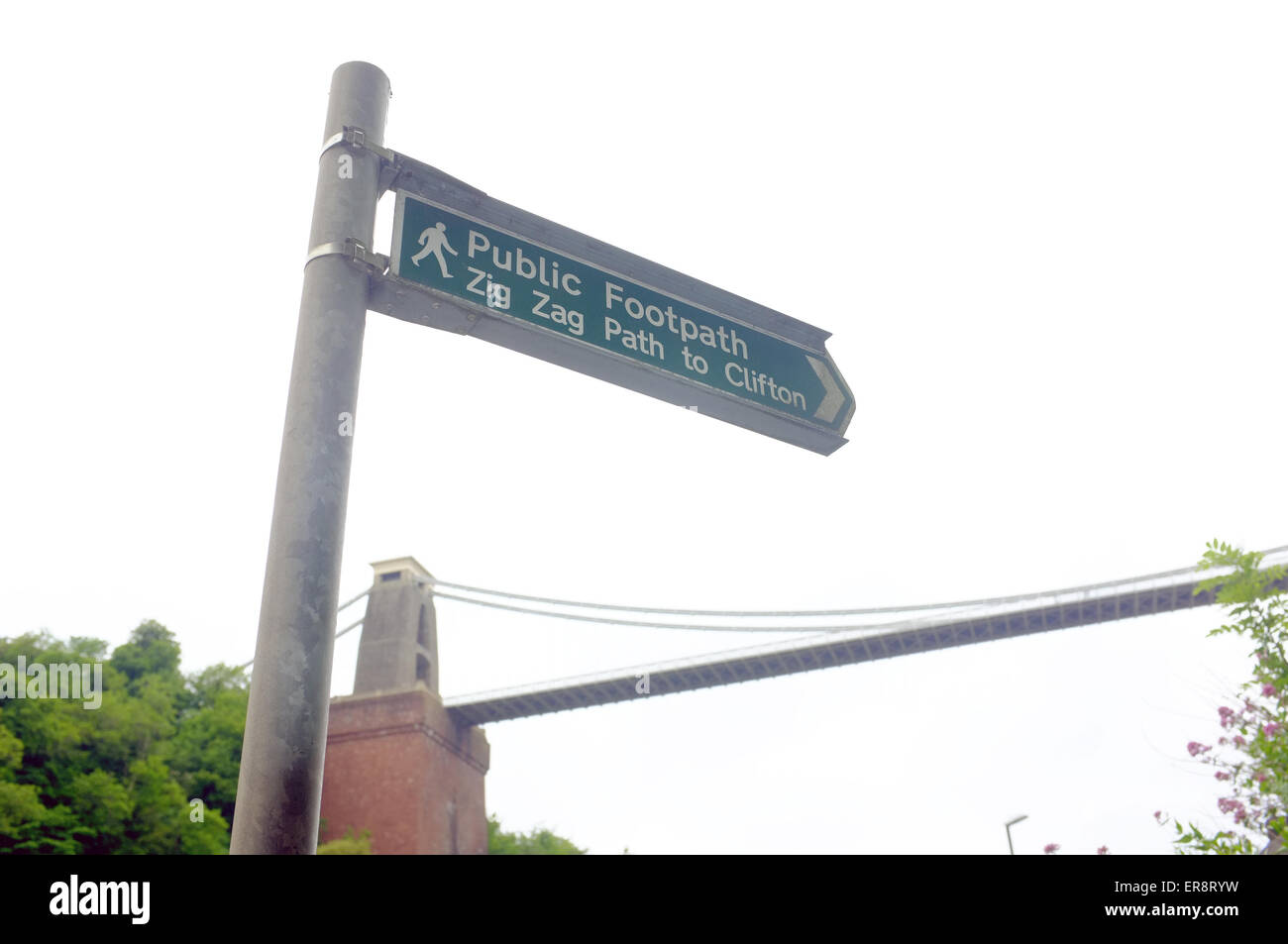 A pedestrian signpost at the base of the Clifton Suspension Bridge in ...