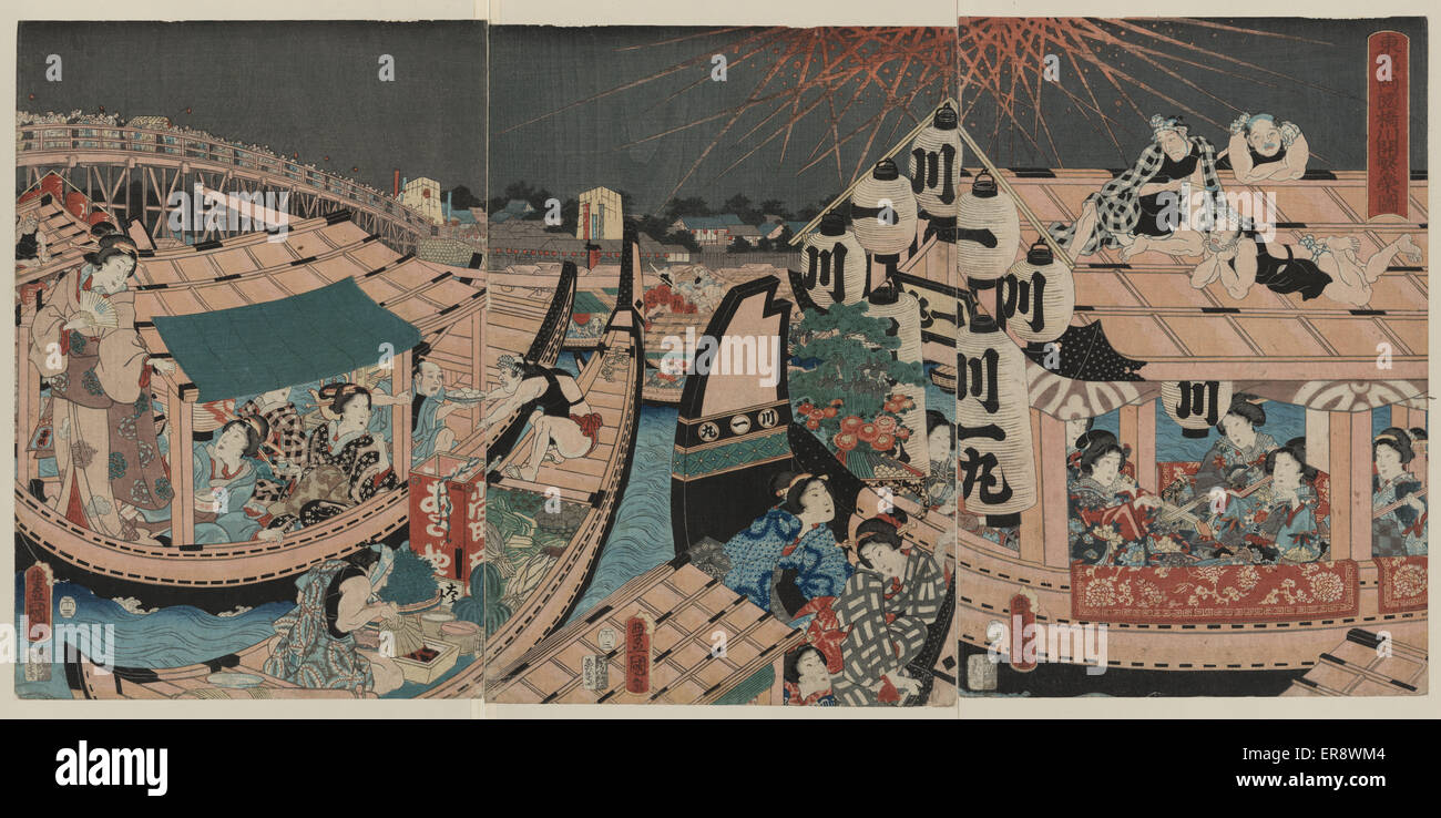 Flourishing fireworks at Ryokoku Bridge Kawabiraki (opening Stock Photo ...