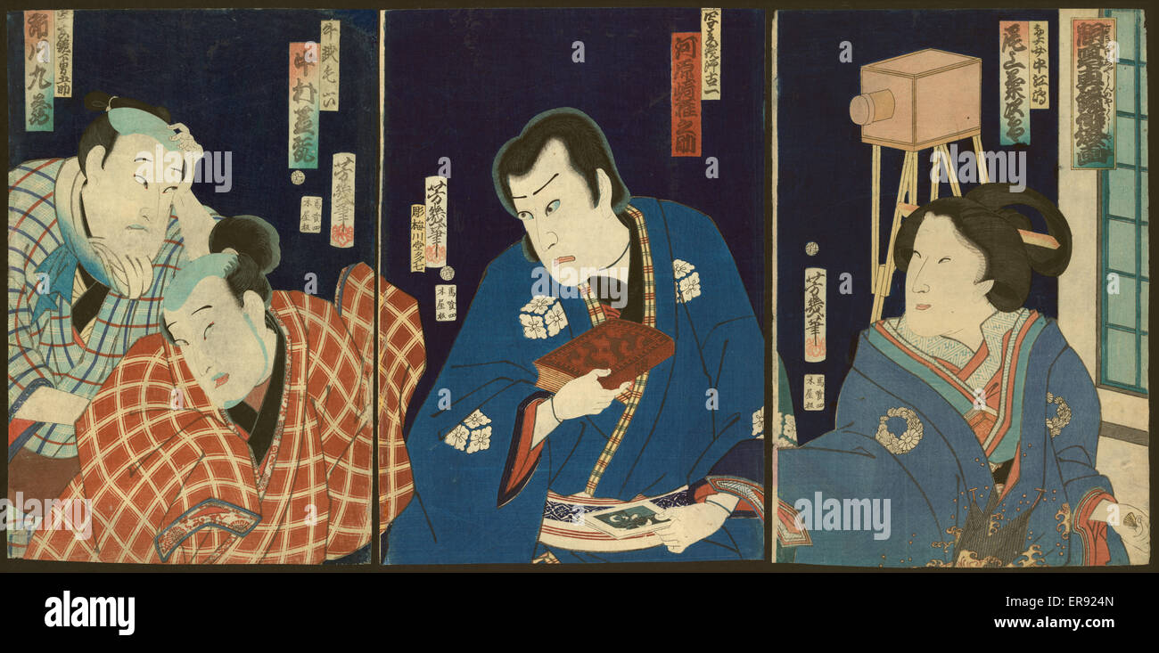 Kabuki scene early photography triptych shows four actors hi-res stock ...