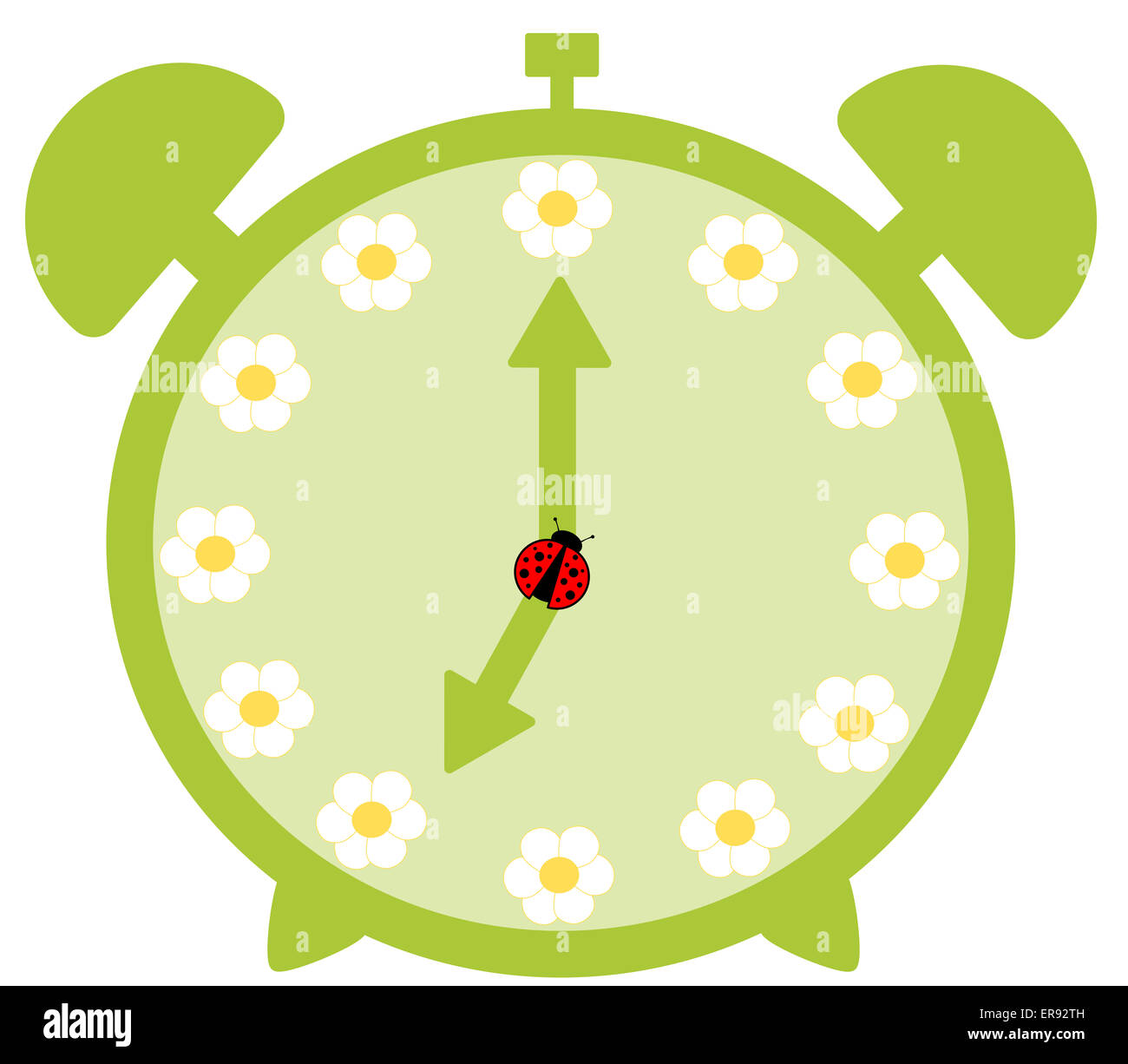 green cute alarm clock with daisy flower cartoon illustration Stock ...