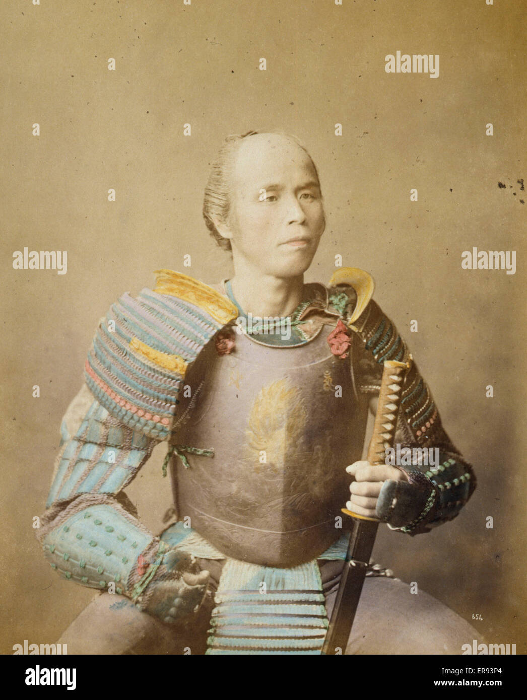 Samurai warrior, half-length studio portrait, facing front, wearing ...
