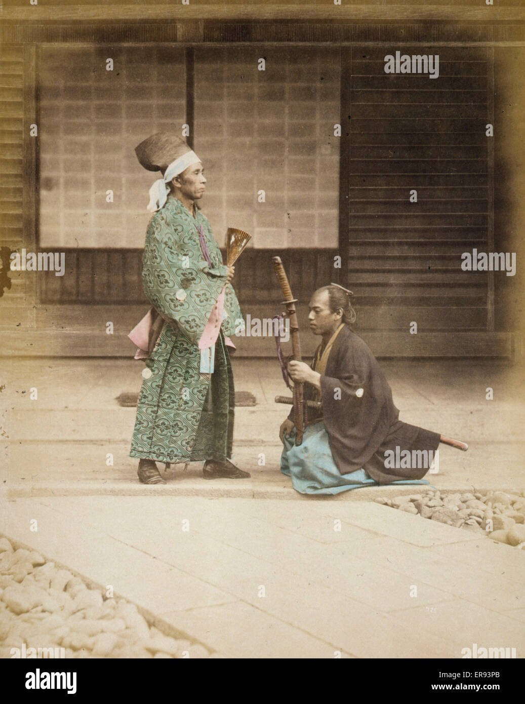 Samurai or retainer kneeling before government official or d Stock ...