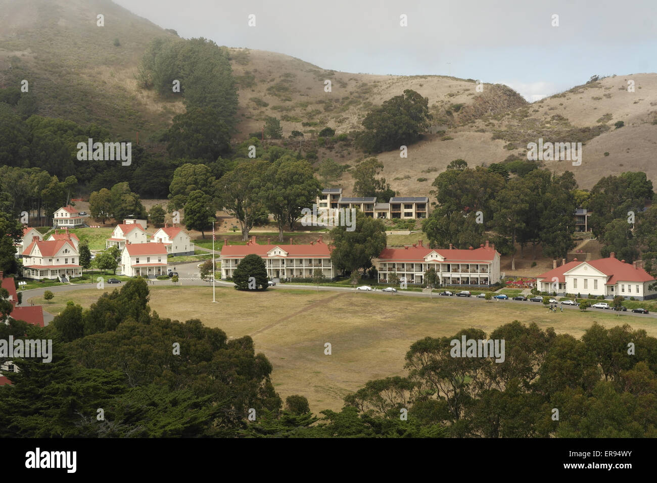 Sunny view to former military buildings around Fort Baker Parade Ground ...