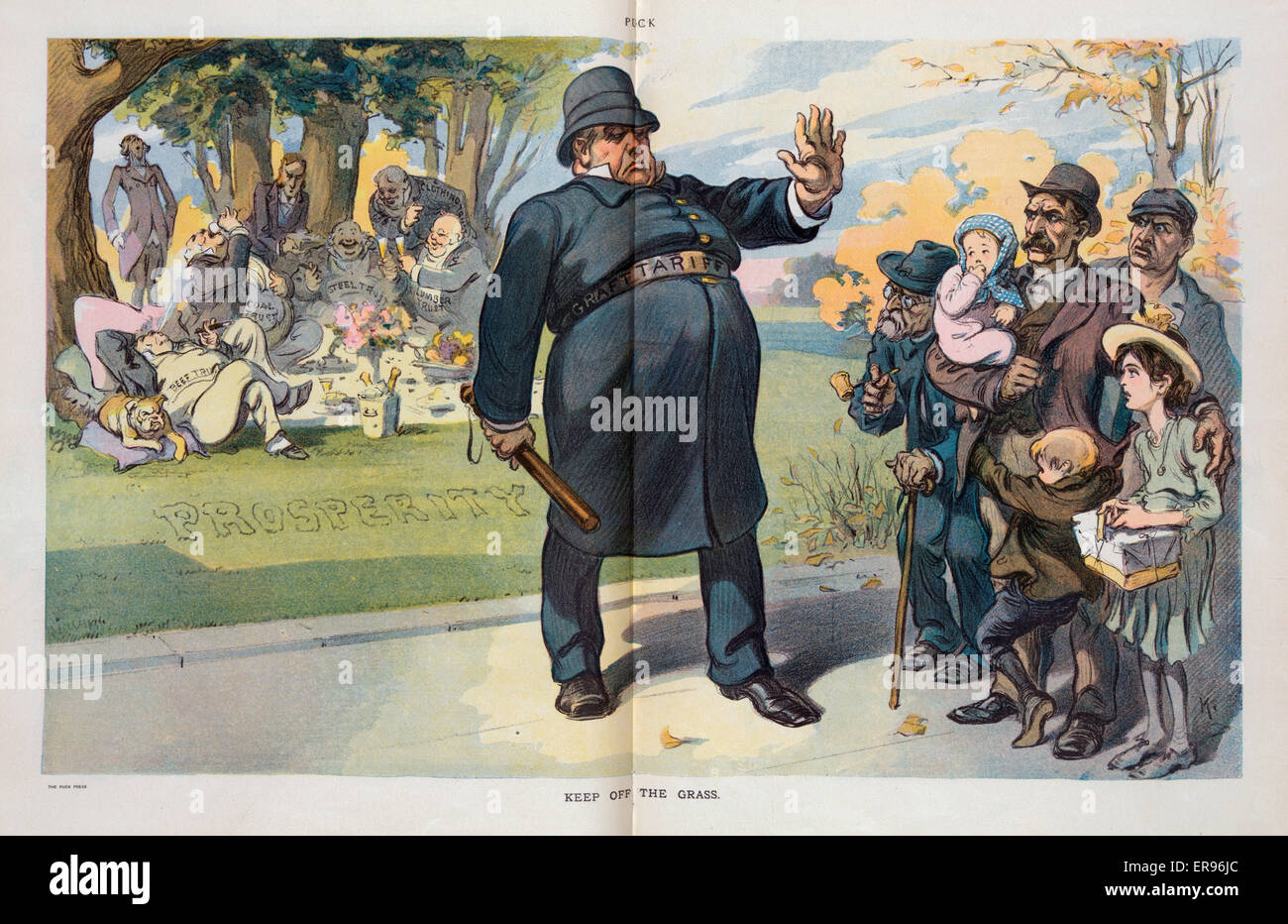 Keep off the grass. Illustration shows a police officer labeled Graft ...