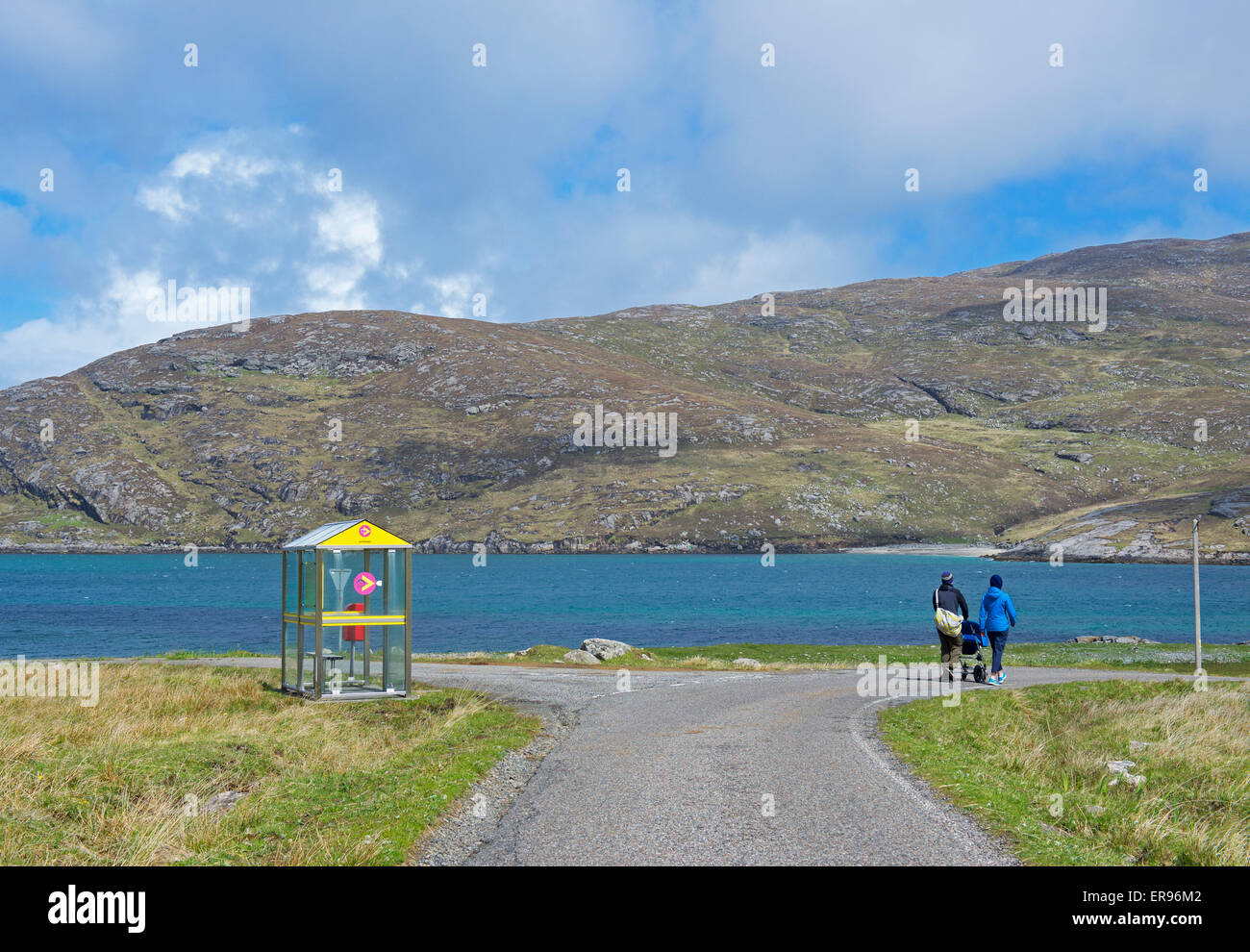 Bus stop on the island of Vatersay, Isle of Barra, Outer Hebrides ...