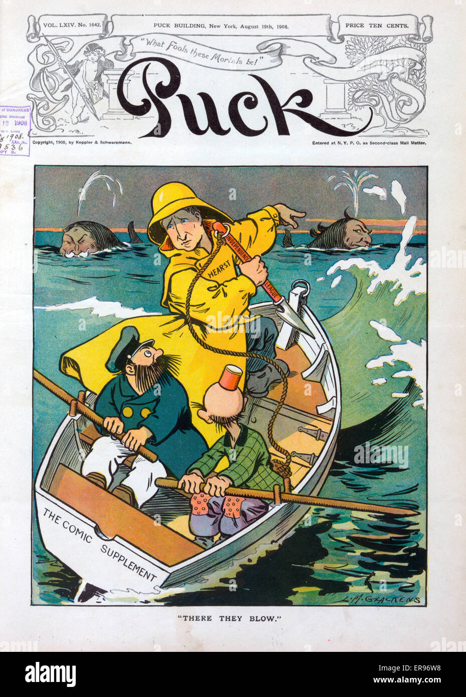 There they blow. Illustration shows William Randolph Hearst holding a ...