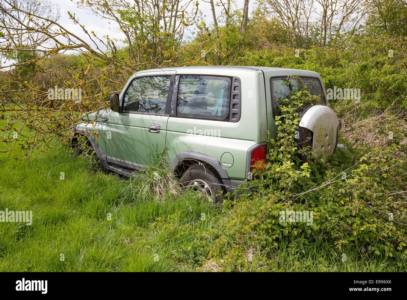 Overgrown abandoned car near hedge Stock Photo - Alamy