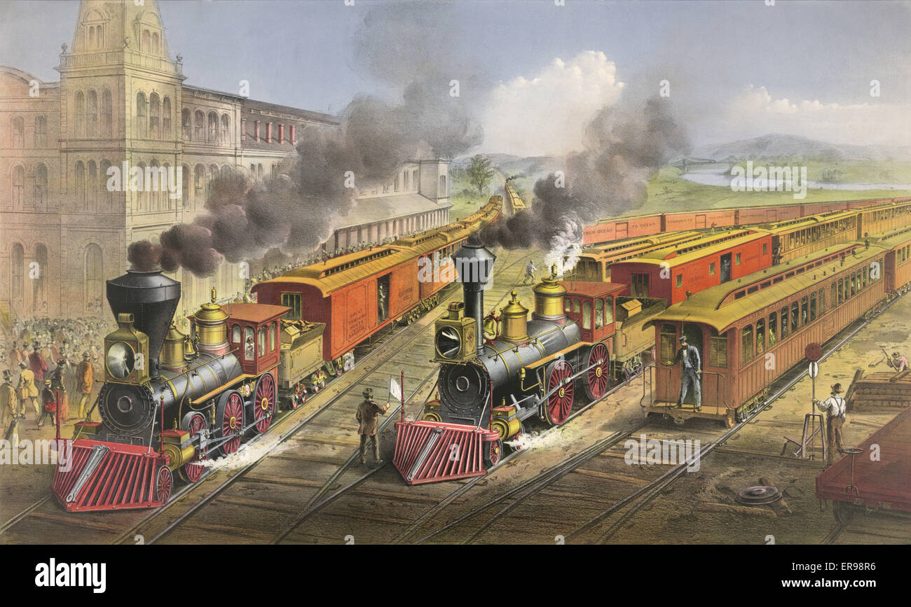 American railroad scene: lightning express trains leaving th Stock ...