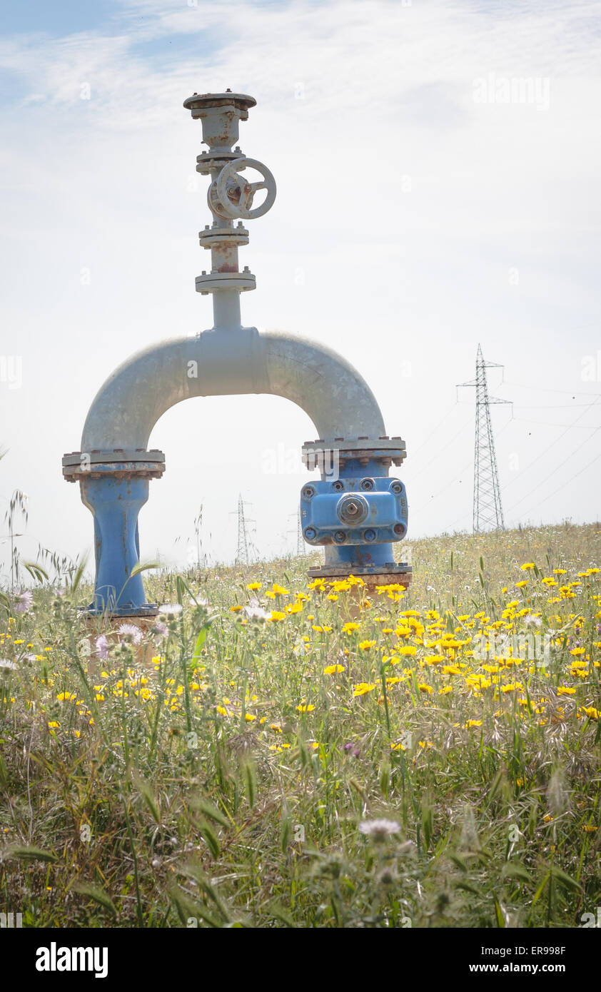 pipes field pylons. Particular of a pipes for irrigations of campaigns ...