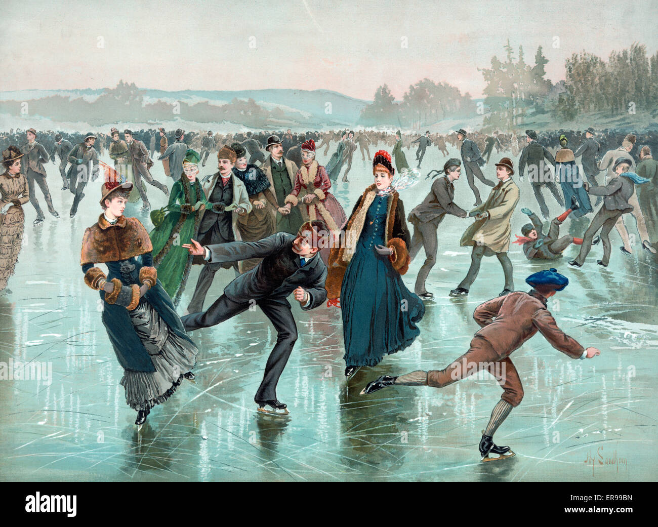 Ice Skating on a frozen lake c. 1885 Stock Photo - Alamy
