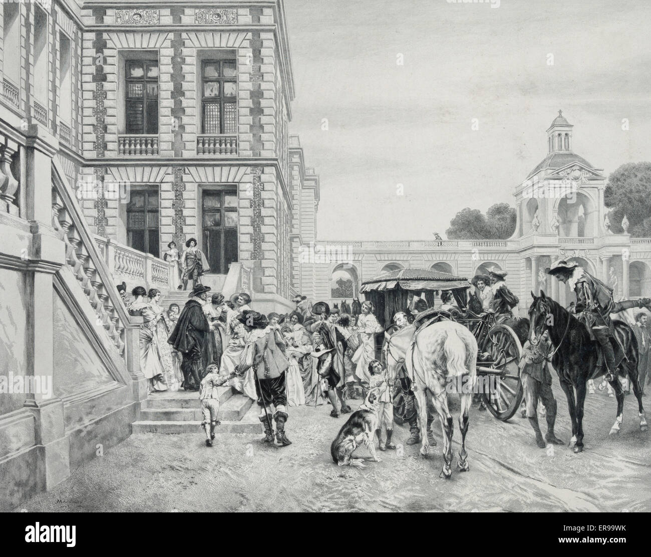 Group of travelers being welcomed in the forecourt of a larg Stock ...