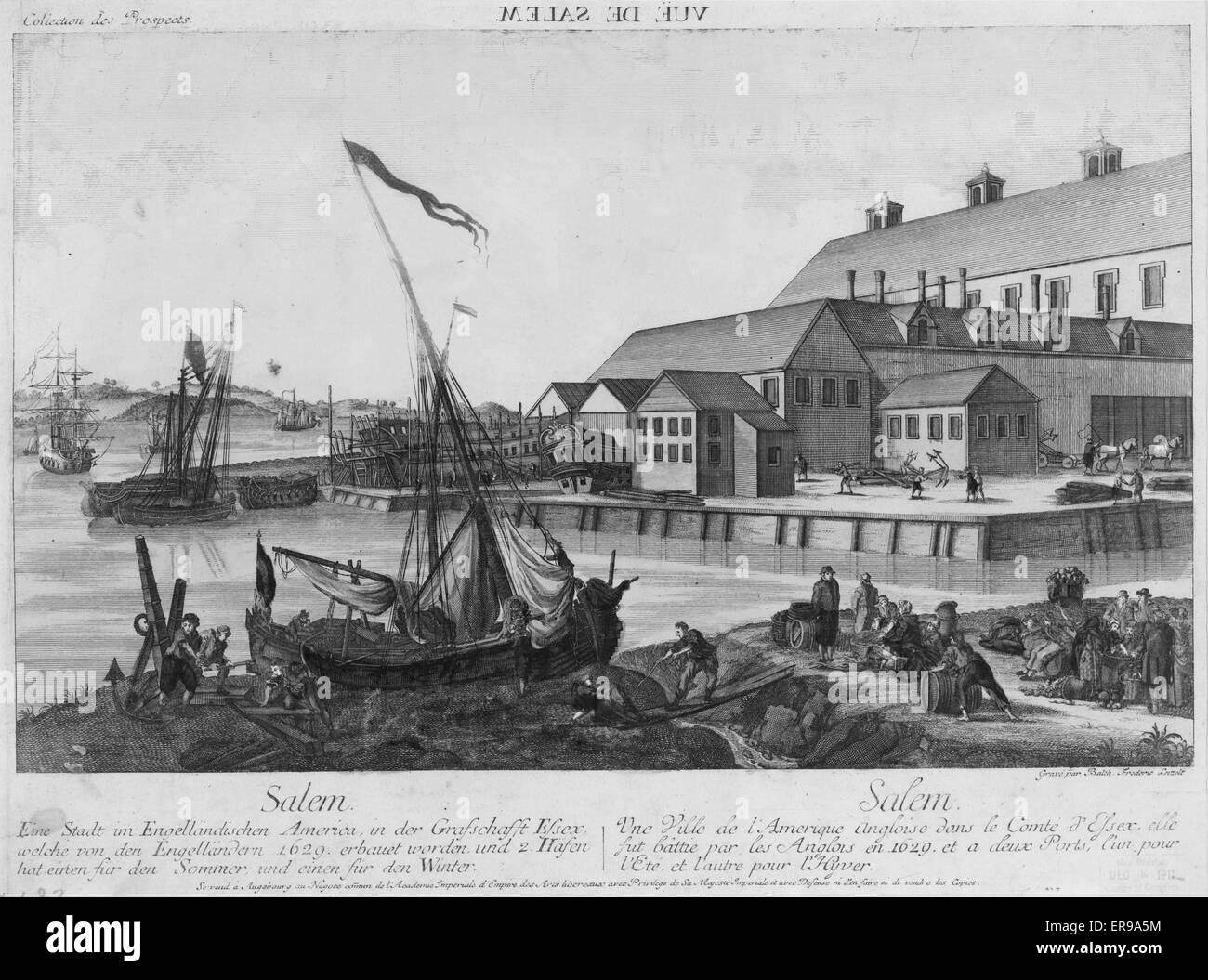 Print shows people working along shore and wharf on the wate Stock ...