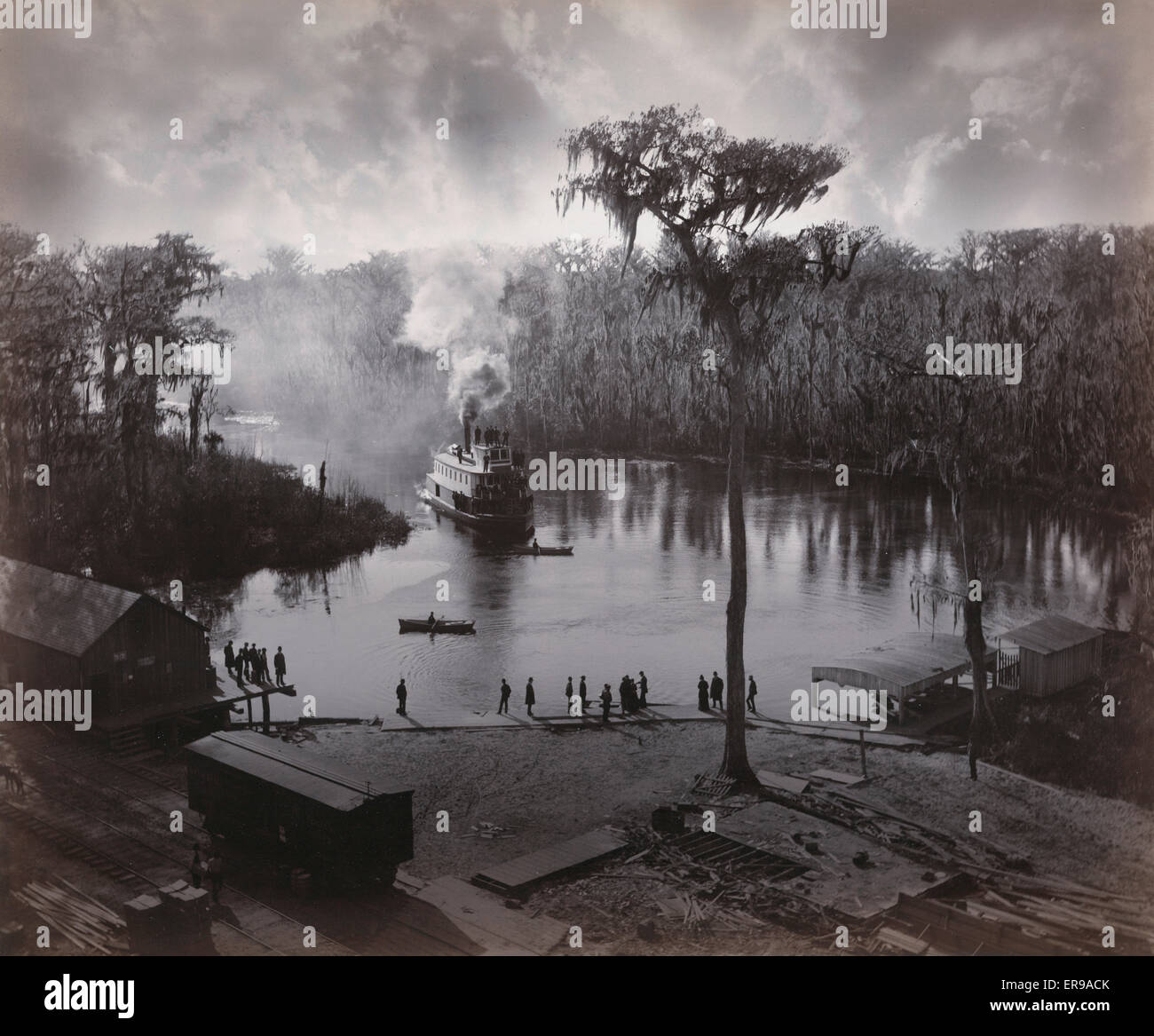 Steamboat approaching dock, view from the Morgan house, Silv Stock ...