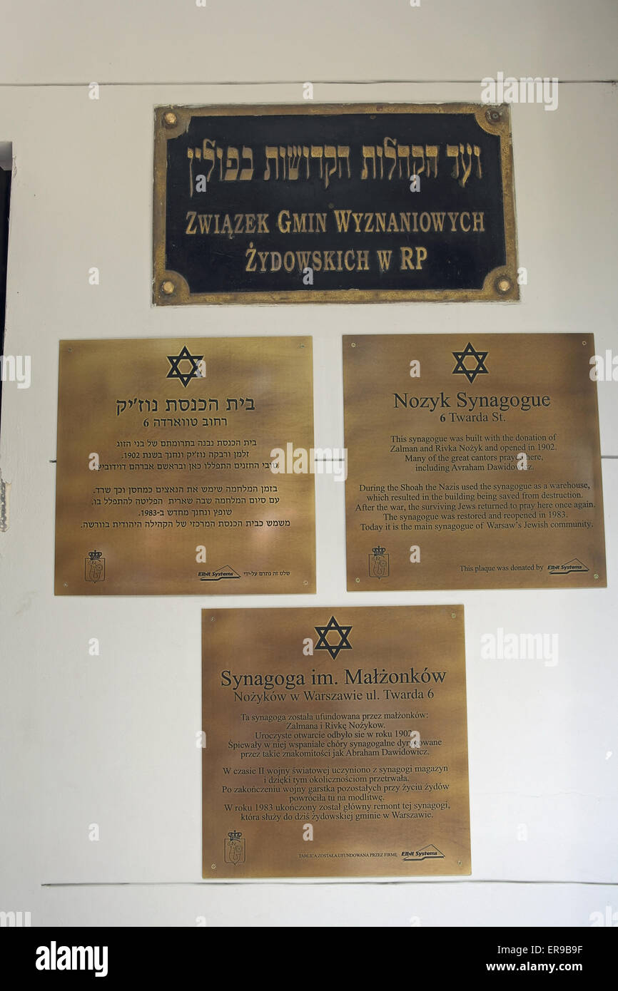 English, Polish, Yiddish, Hebrew information plaques attached white ...