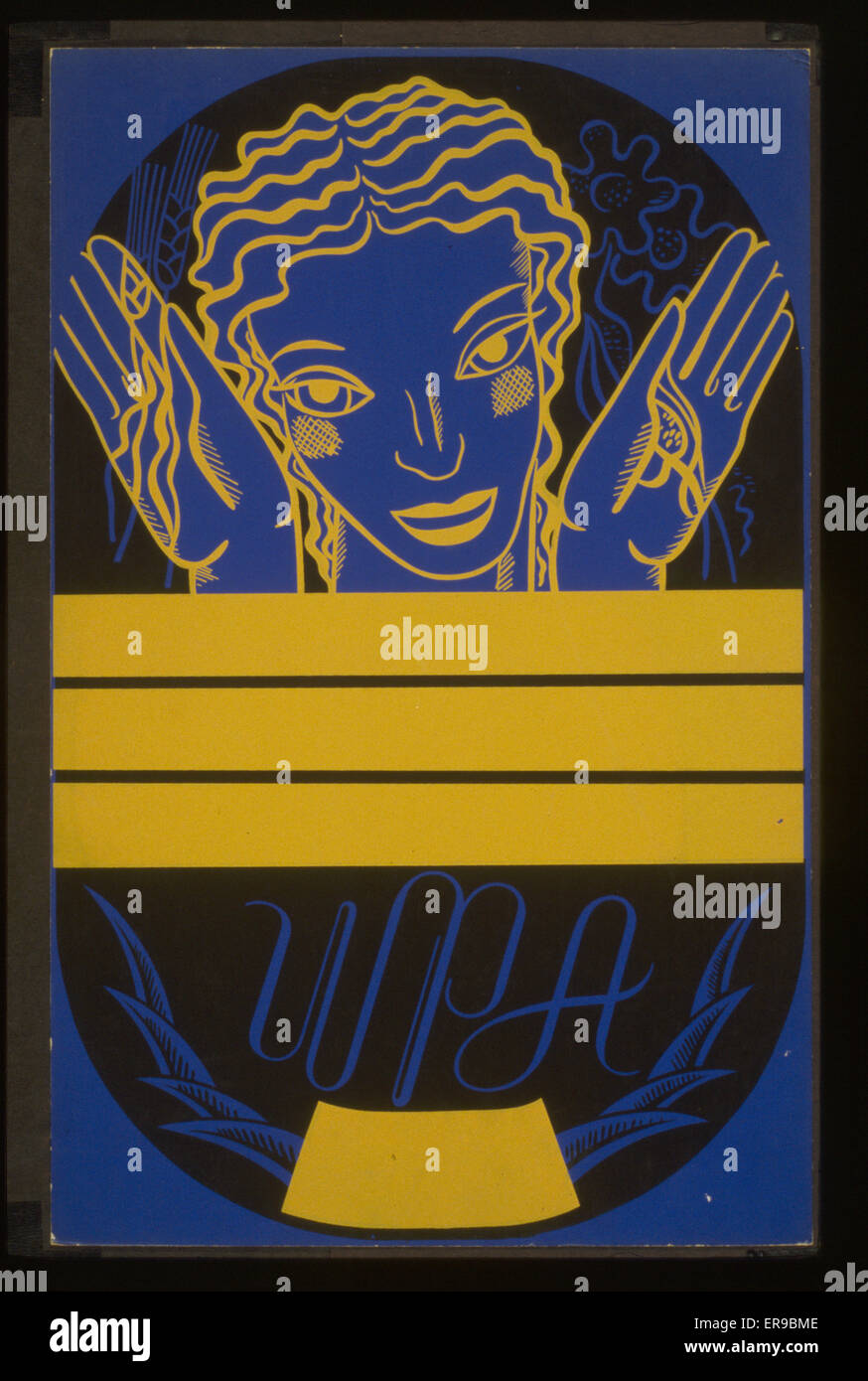 WPA poster design on blue background showing the head and ha Stock ...