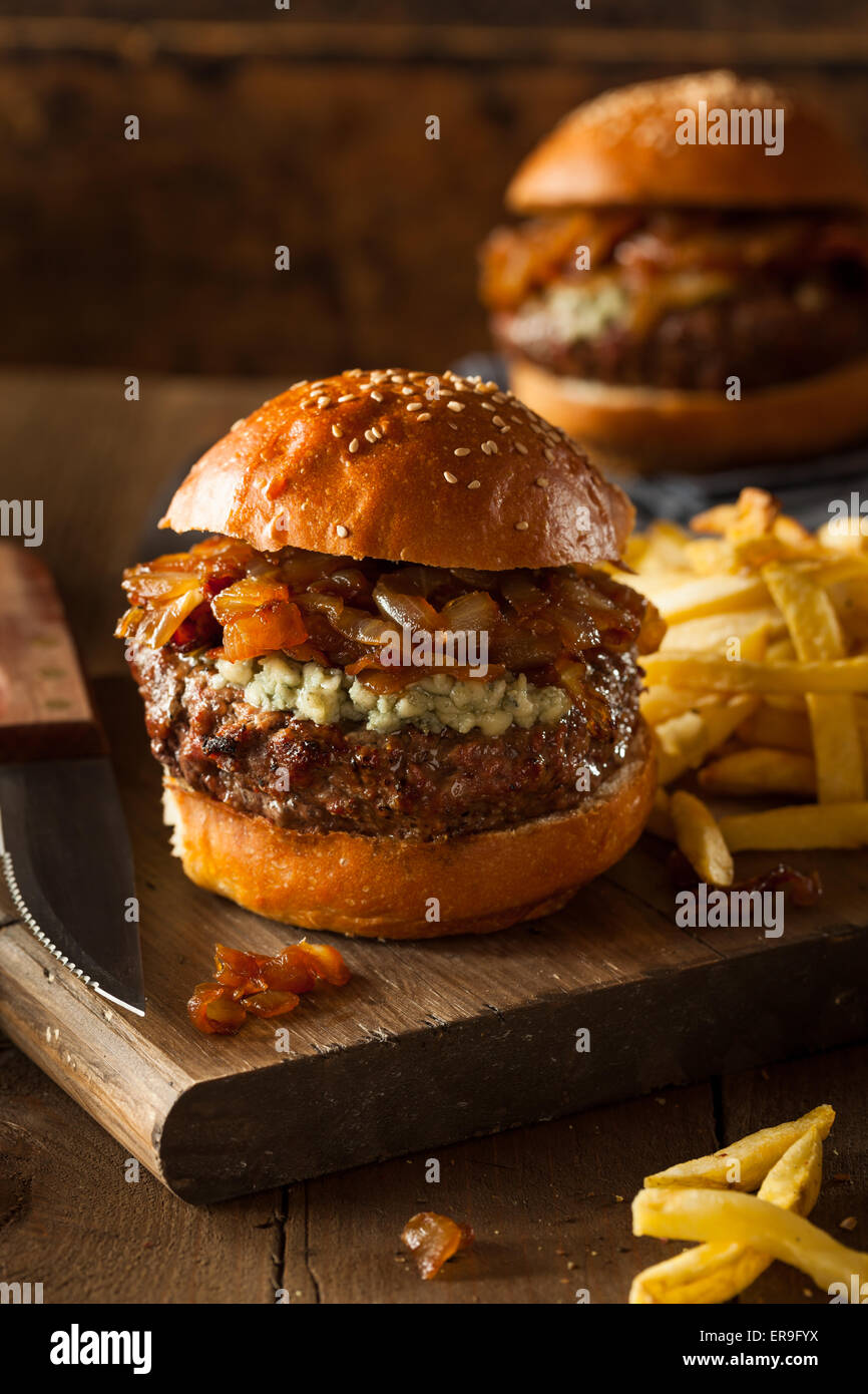 Juicy Blue Cheese Hamburger with Onions and Bacon Stock Photo - Alamy