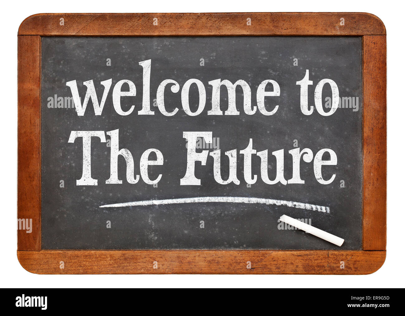 Welcome to the future - text on a vintage slate blackboard Stock Photo ...