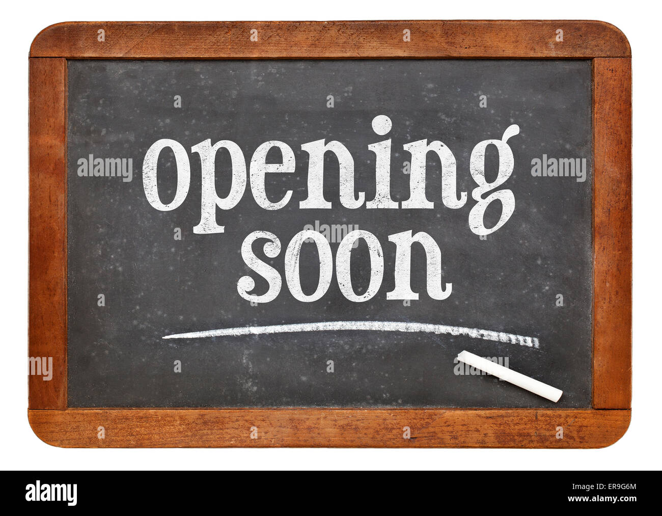 opening soon sign - text on a vintage slate blackboard Stock Photo - Alamy