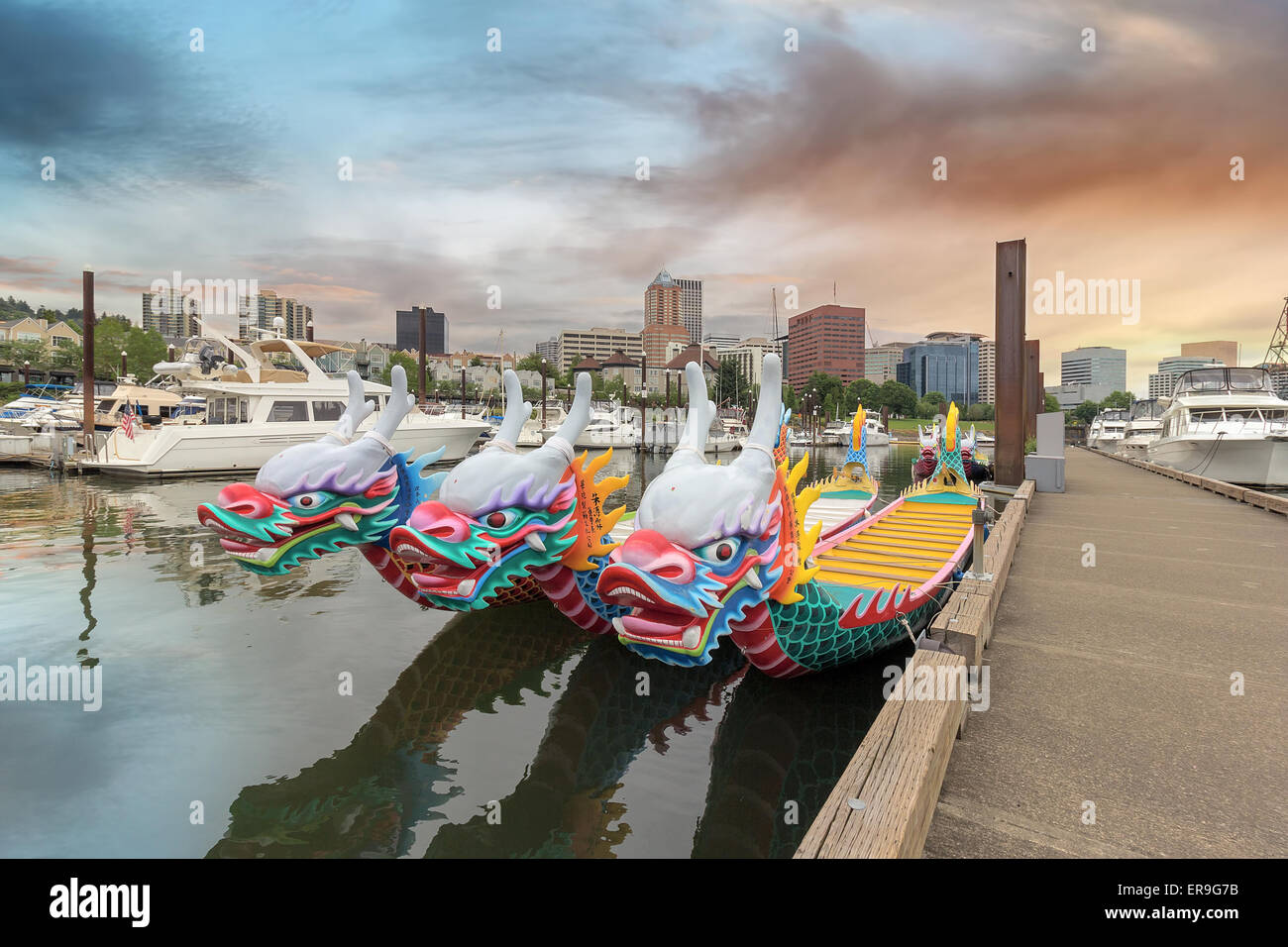 PORTLAND, OREGON - May 25, 2015: Chinese Dragon Boats docked at ...