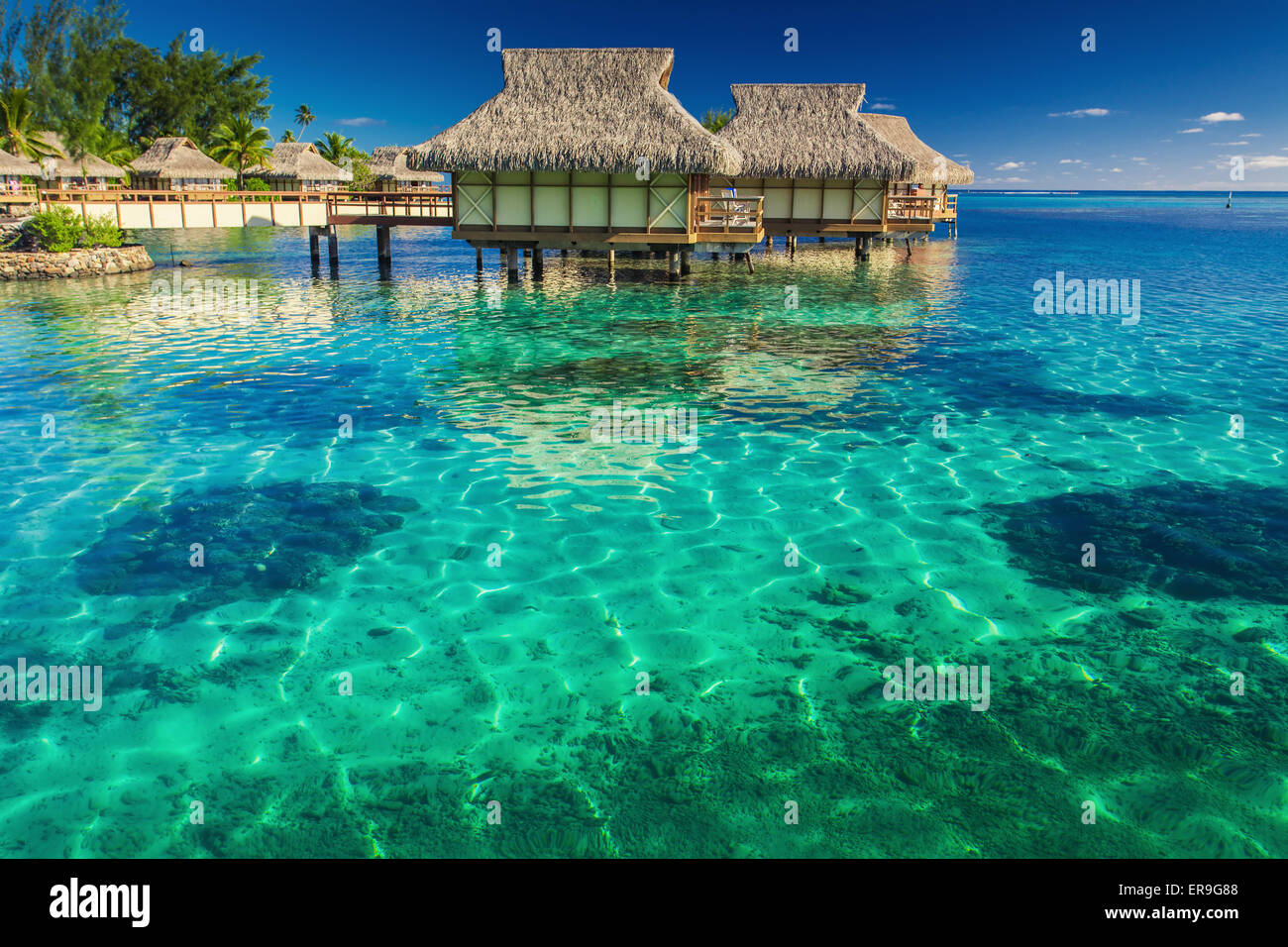 Villas in the lagoon with steps into shallow clean water with coral ...