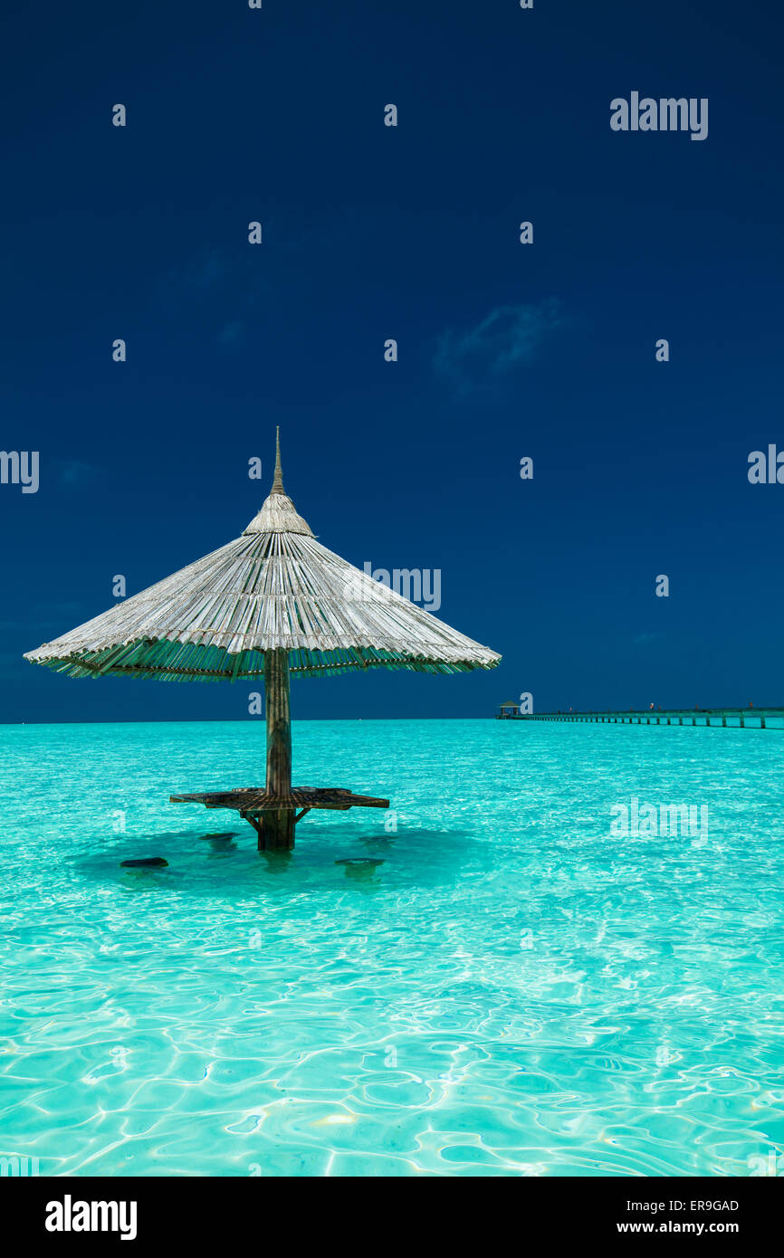 Bamboo beach umbrella with bar seats in the water of tropical island ...
