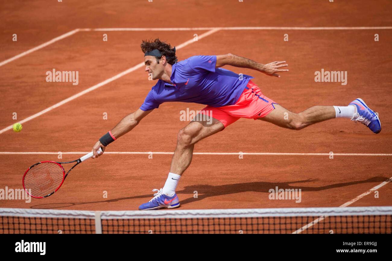 Paris, France. 29th May, 2015. Roger Federer of Switzerland hits a ...