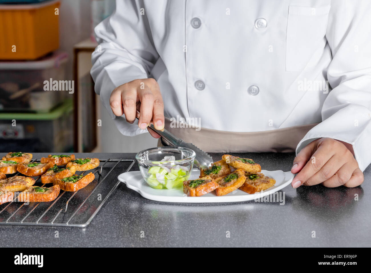 chef making bread with minced pork spread Stock Photo - Alamy
