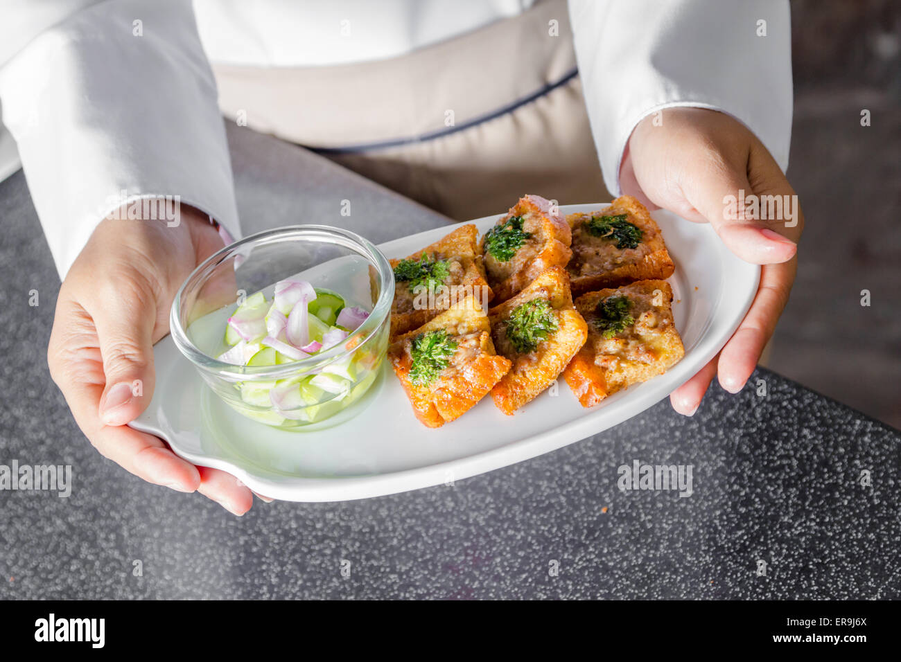 chef serve bread with minced pork spread Stock Photo - Alamy