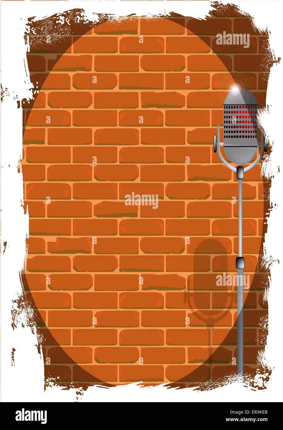 A microphone ready on stage against a brick wall with grunge effect ...