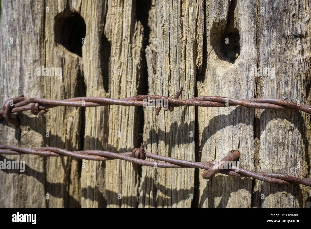 Rusting sharp metal points on fence with aging old wood Stock Photo - Alamy