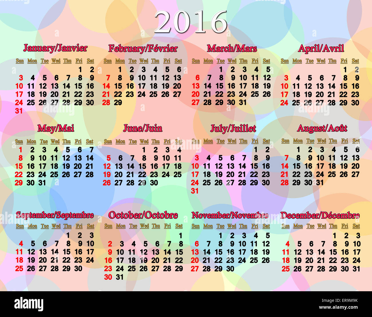 nice calendar for 2016 in English and French on colored background ...