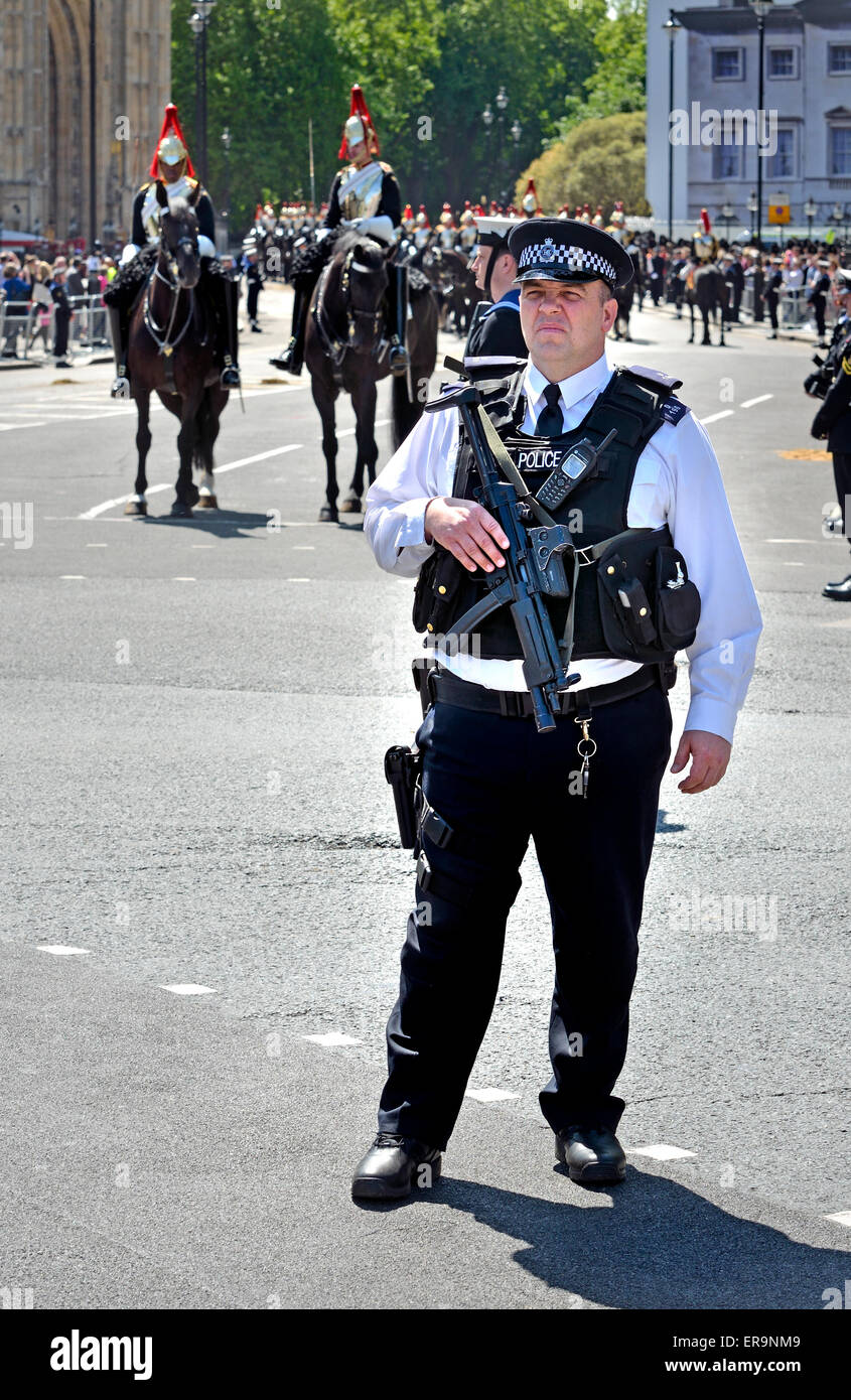 London, England, UK. Armed police officer at the State Opening of ...