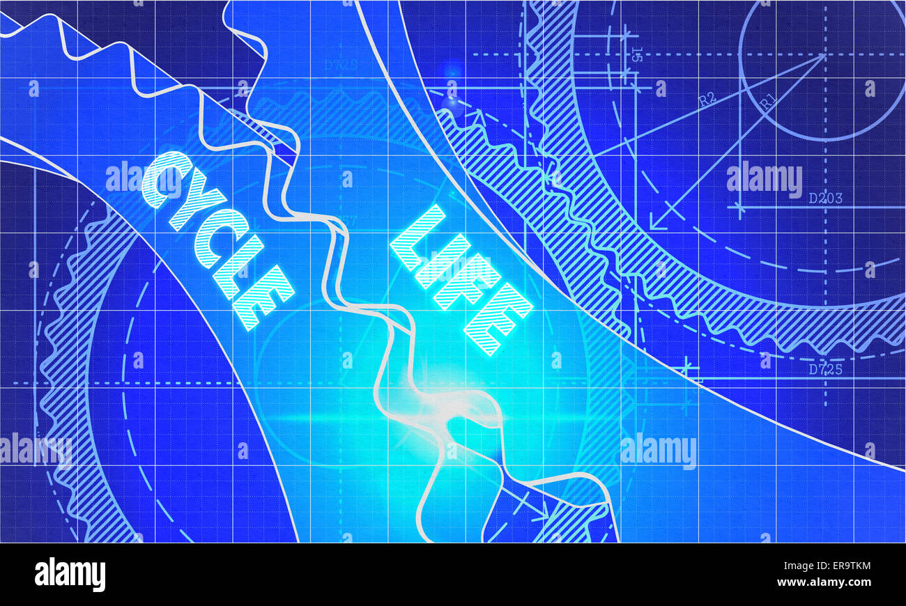Life Cycle on Blueprint of Cogs. Technical Drawing Style. 3d ...