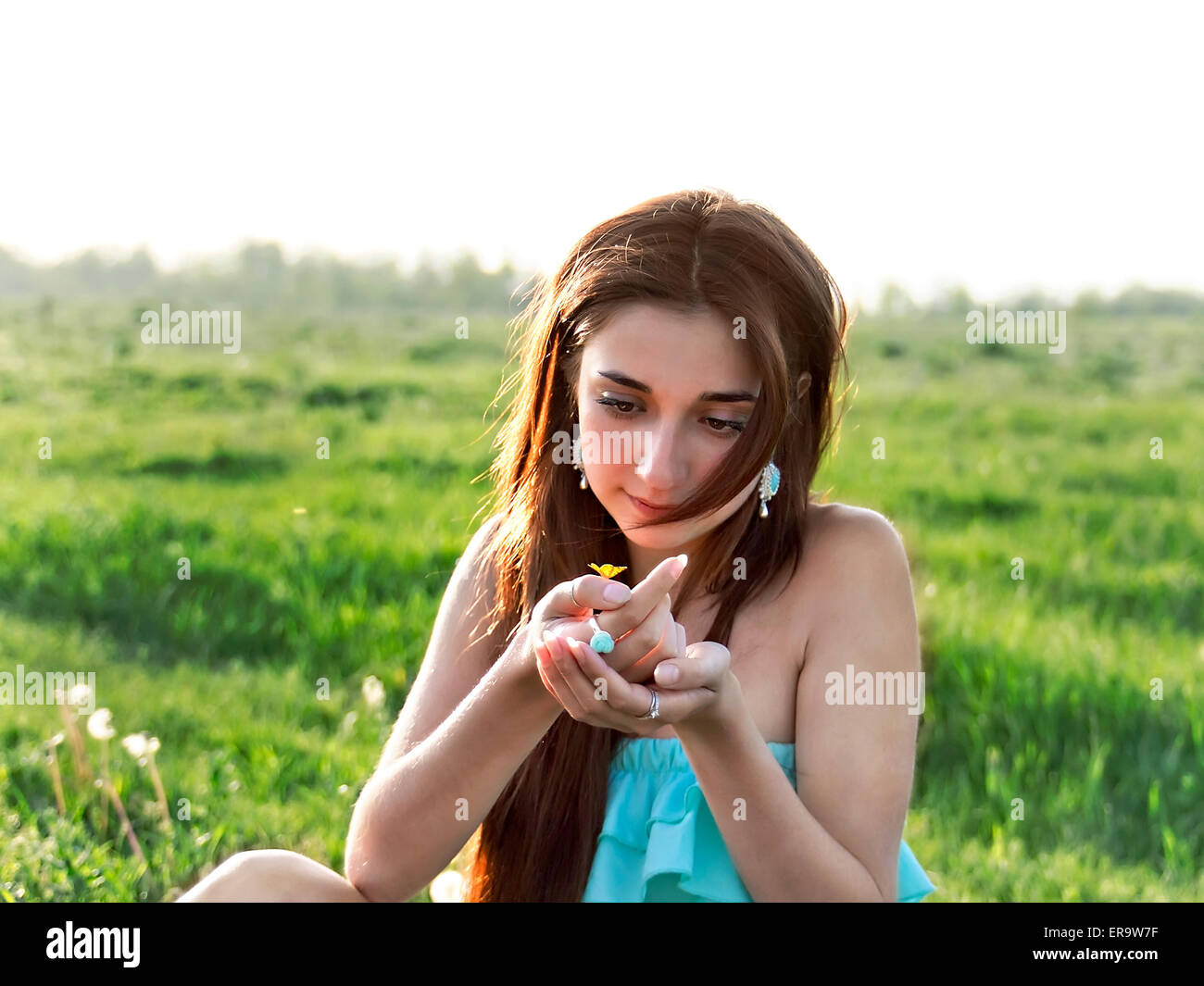Portrait of a young beautiful girl outdoors. Summer colors Stock Photo ...