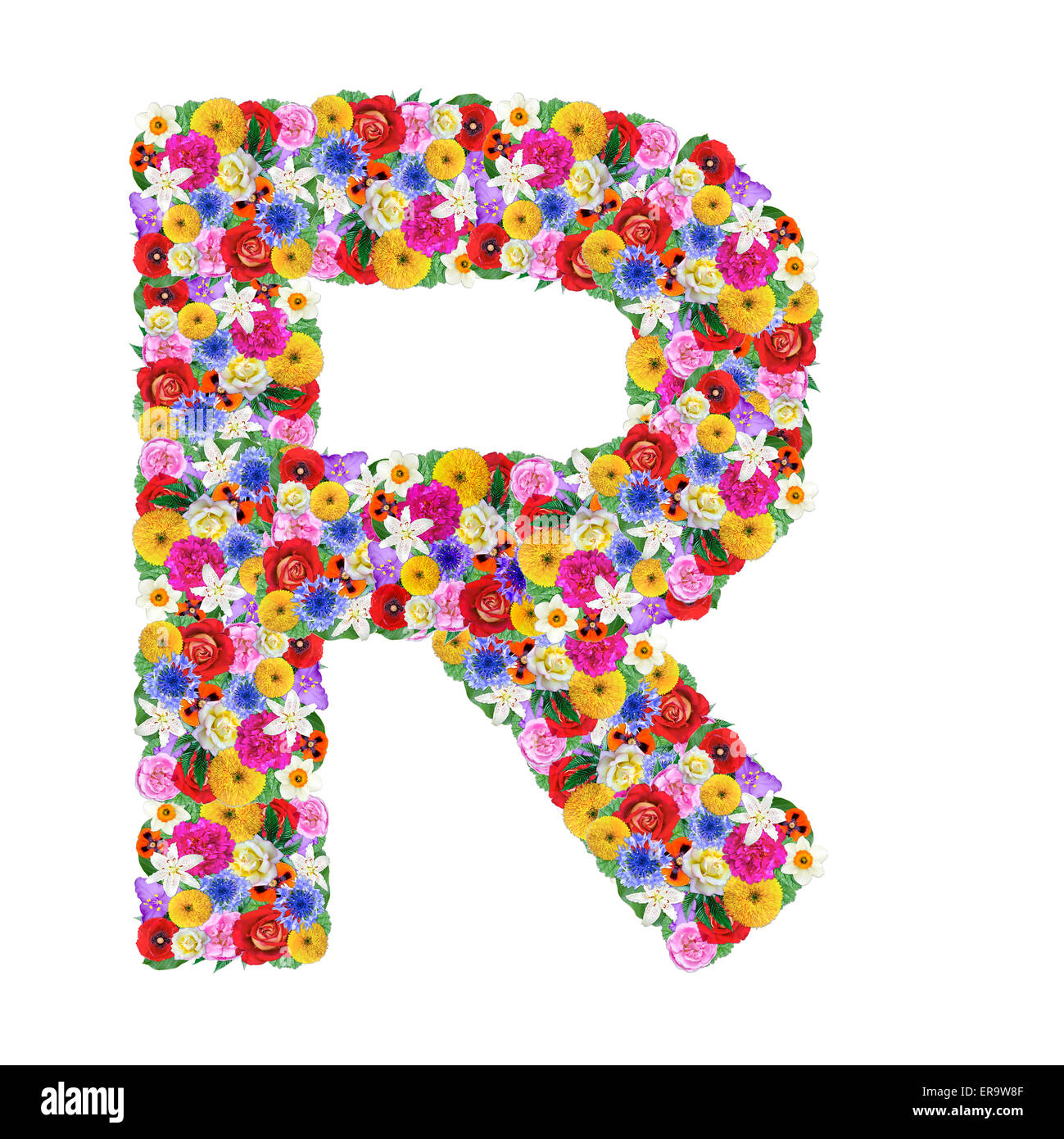 R, letter of the alphabet in different flowers isolated on white ...